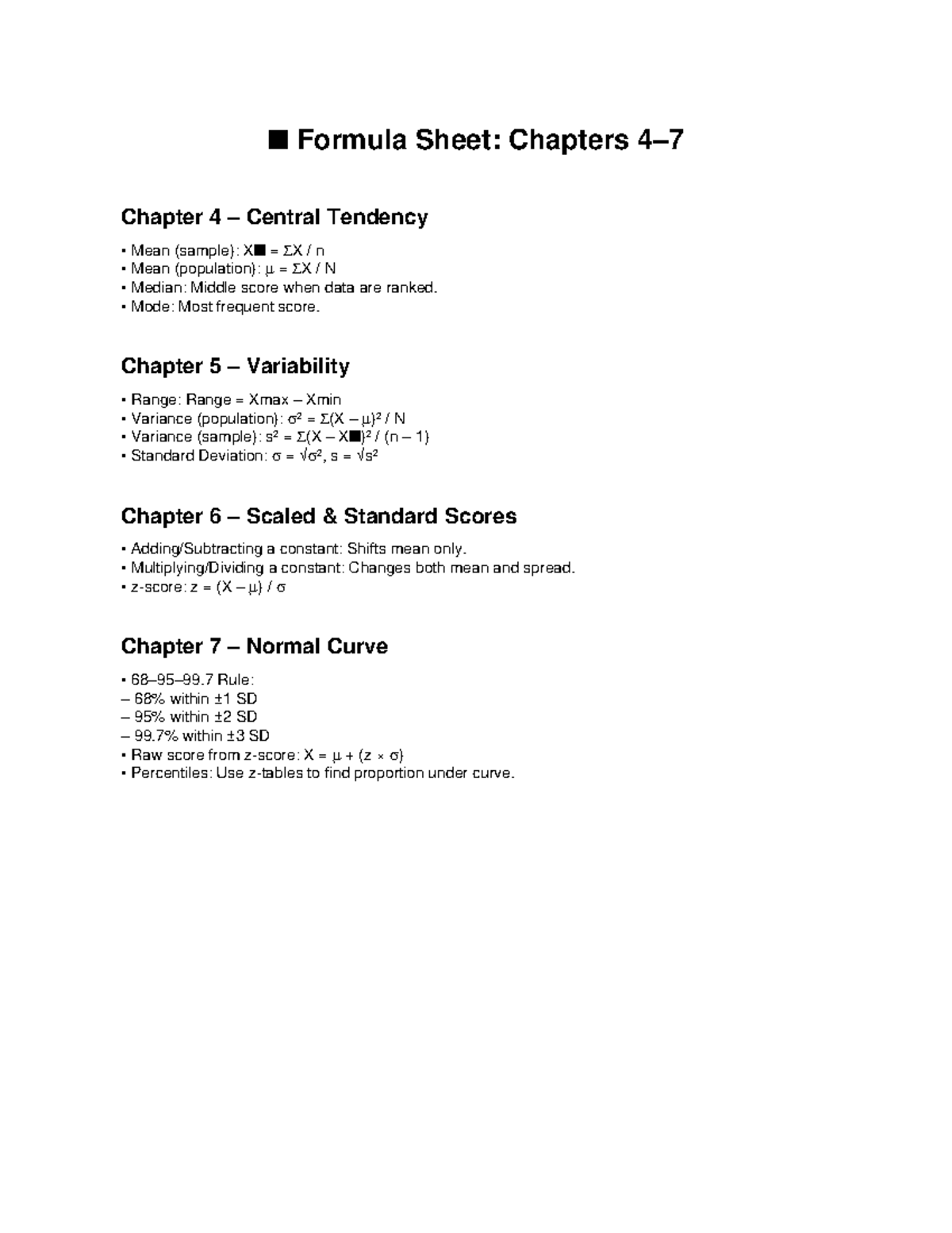 Formula Sheet for Statistics: Chapters 4–7 Overview - n Formula Sheet ...