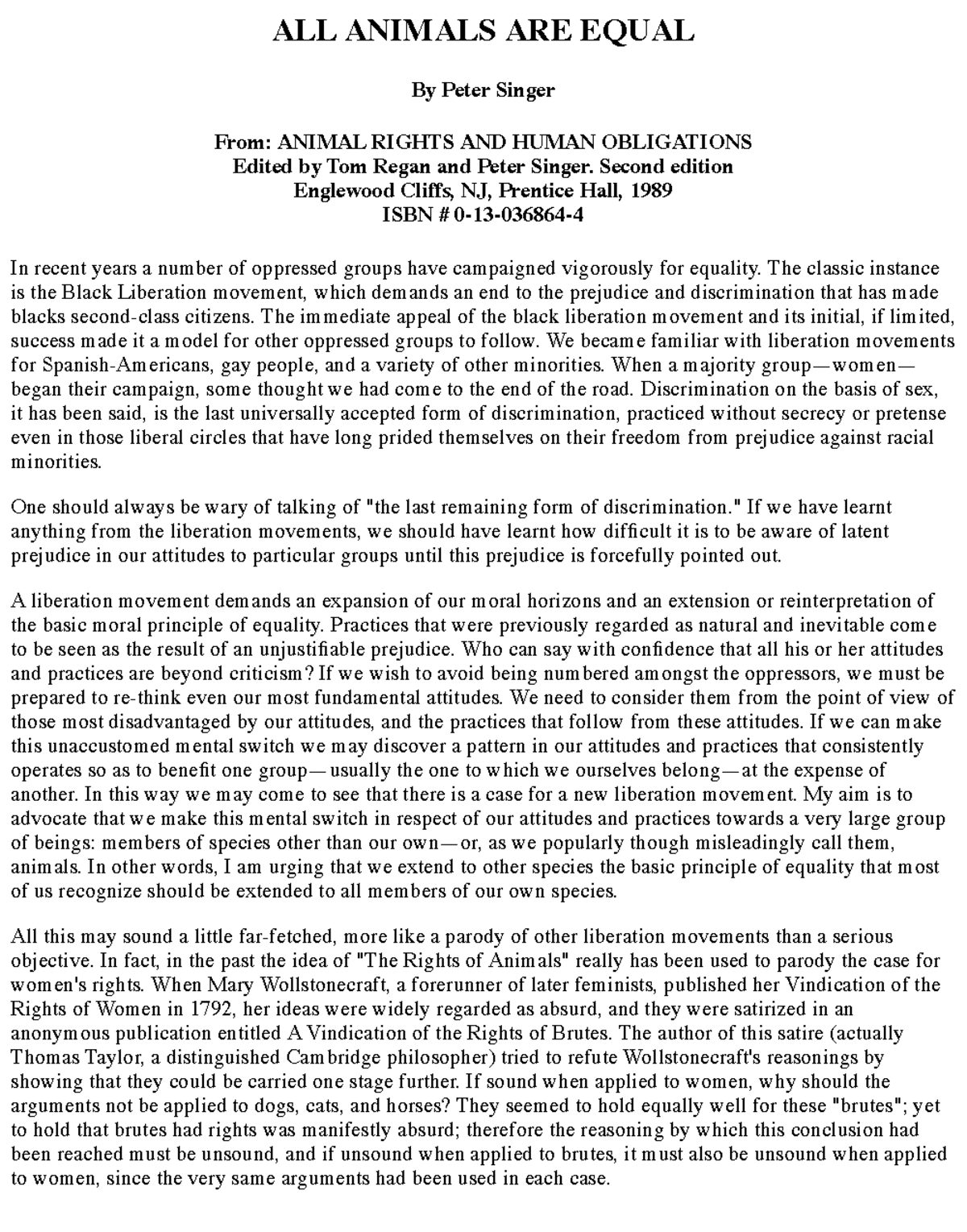 All Animals Are Equal: A Moral Consideration of Speciesism by Peter ...