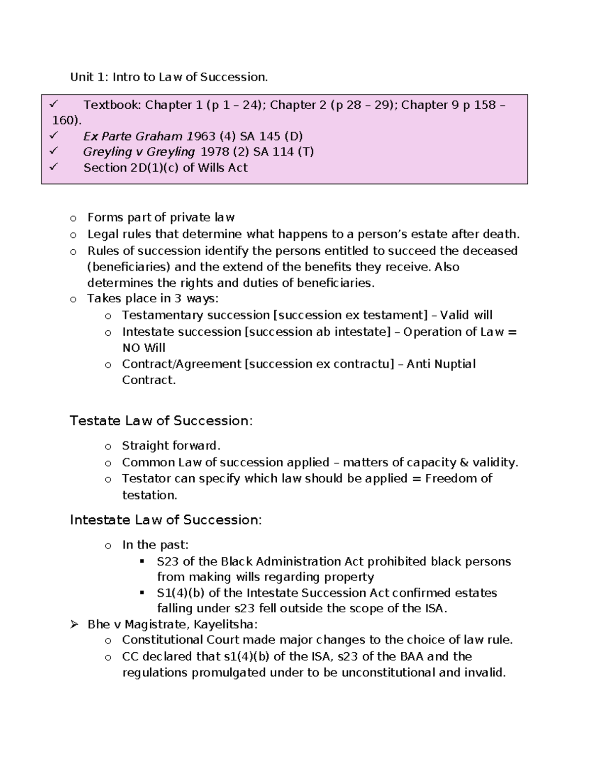 Unit 1: Intro to Law of Succession - Key Concepts & Cases - Studocu