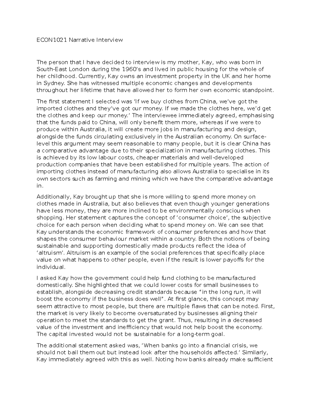 ECON1021 - Narrative assignment 16/20 - ECON1021 Narrative Interview ...