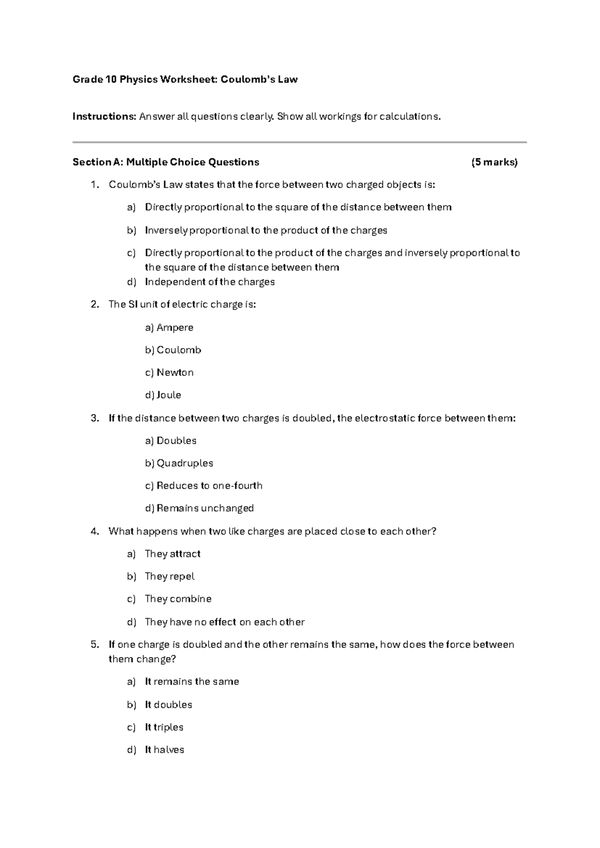 Grade 10 physics worksheet: electrostatics multiple choice questions ...