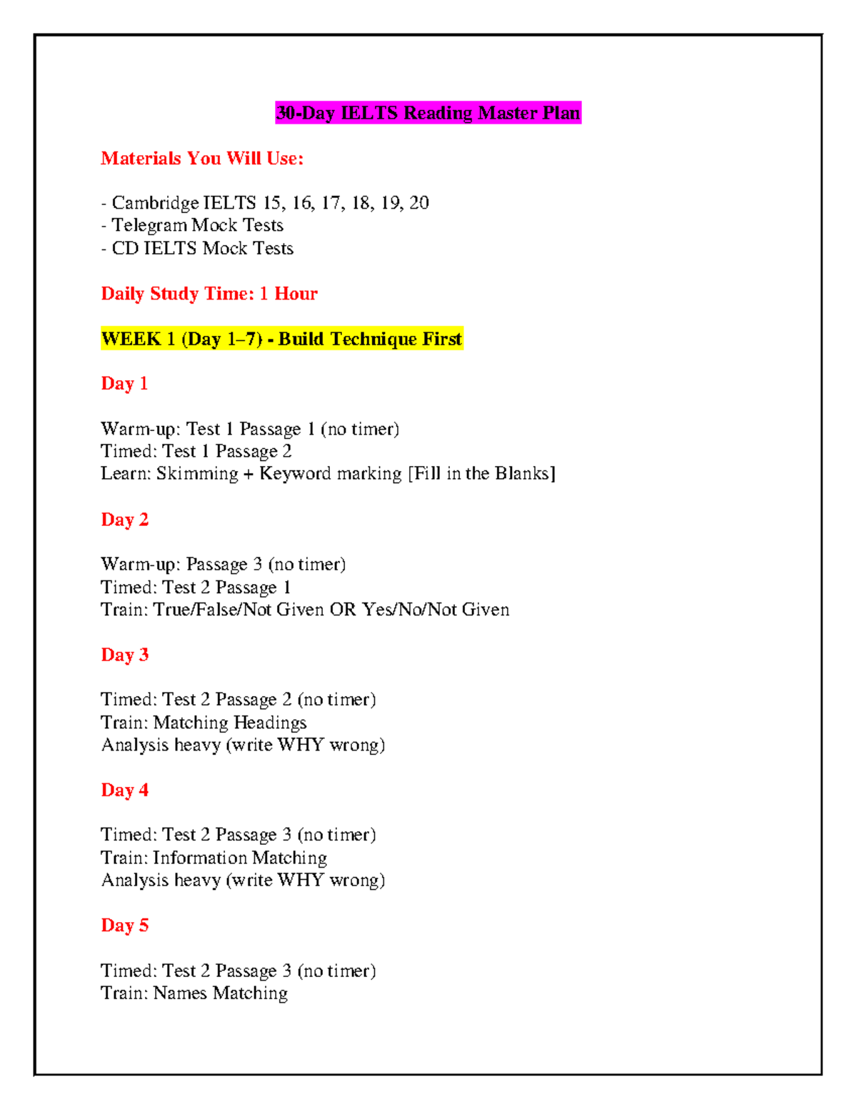 IELTS Reading Study Plan: 1 Month Routine with Cambridge Tests - Studocu