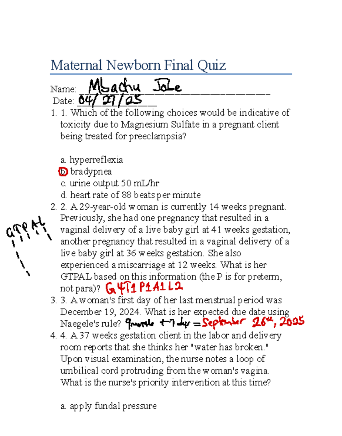 Maternal Newborn Final Quiz (2025) - Key Concepts & Questions - Studocu