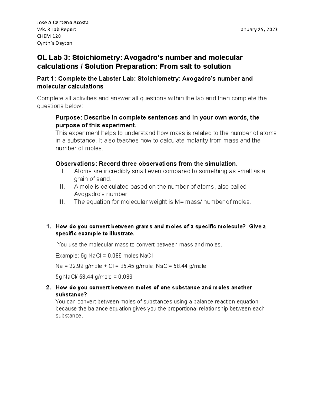 Week 3 Lab Report Jose A Centeno Acosta Wk 3 Lab Report January 29 2023 Chem 120 Cynthia
