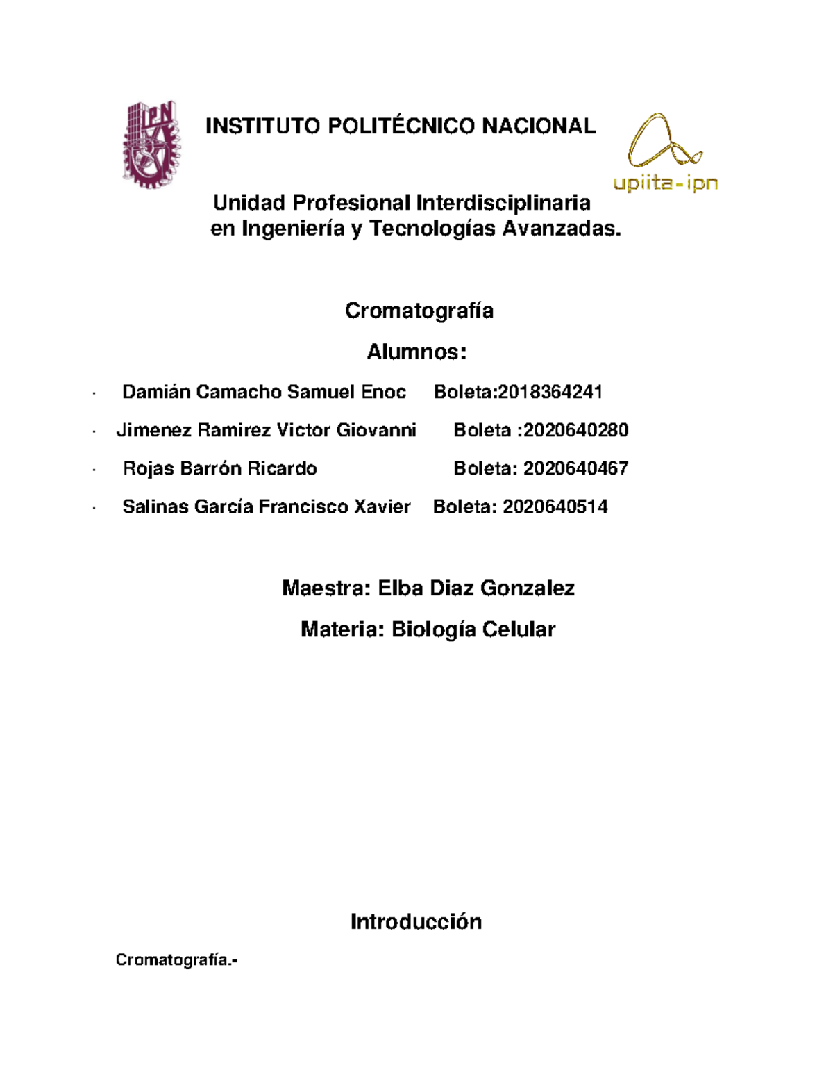 Cromatografía - Warning: TT: undefined function: 32 INSTITUTO POLITÉCNICO NACIONAL Unidad - Studocu