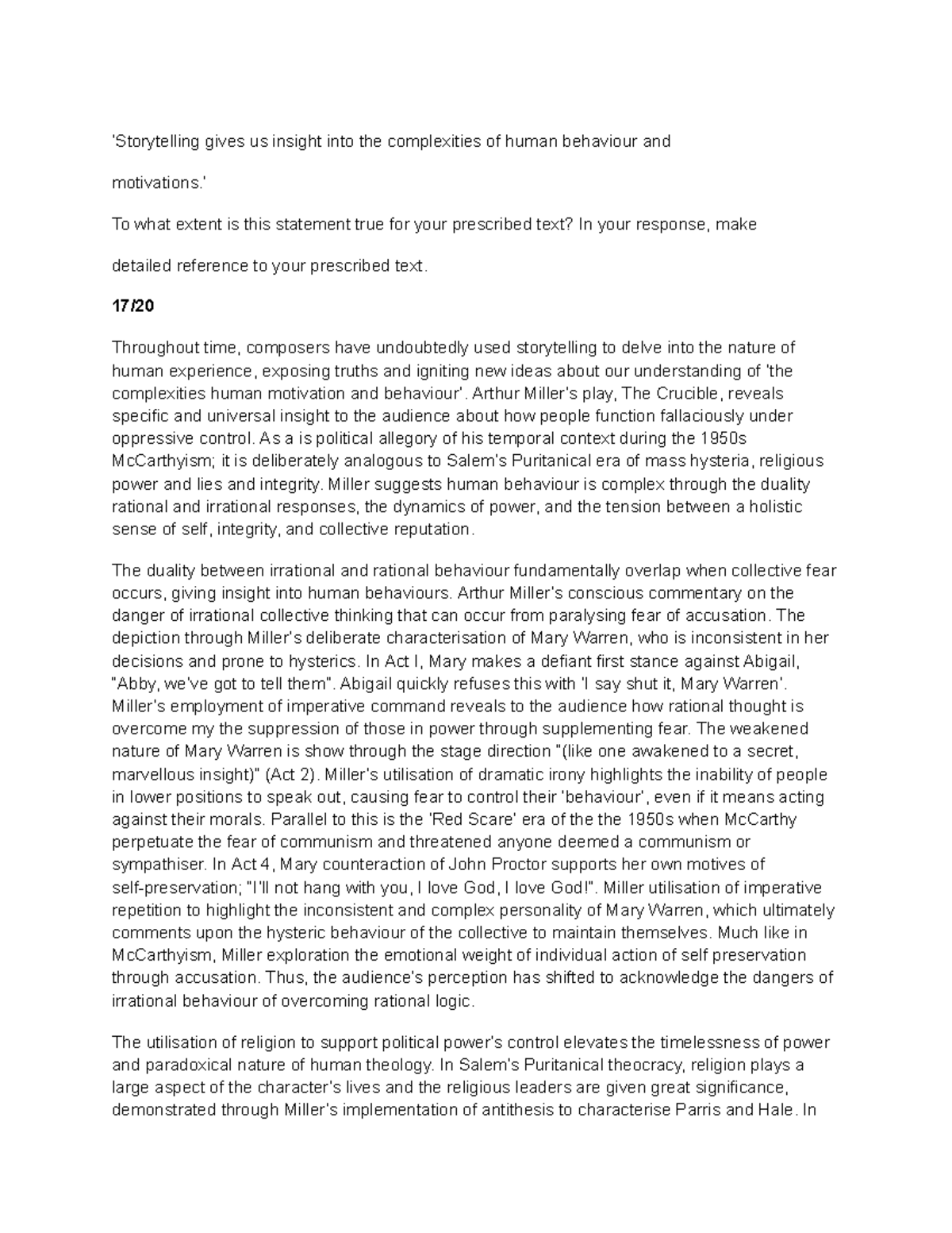 The Crucible 17 20 Essay - Year 12 English Advanced Analysis - Studocu