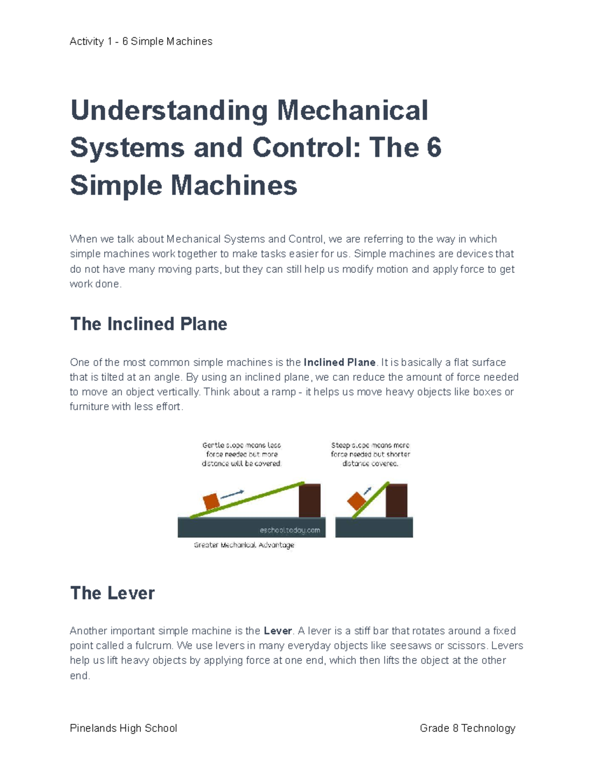 Activity 1: Teacher Guide for 6 Simple Machines Understanding - Studocu