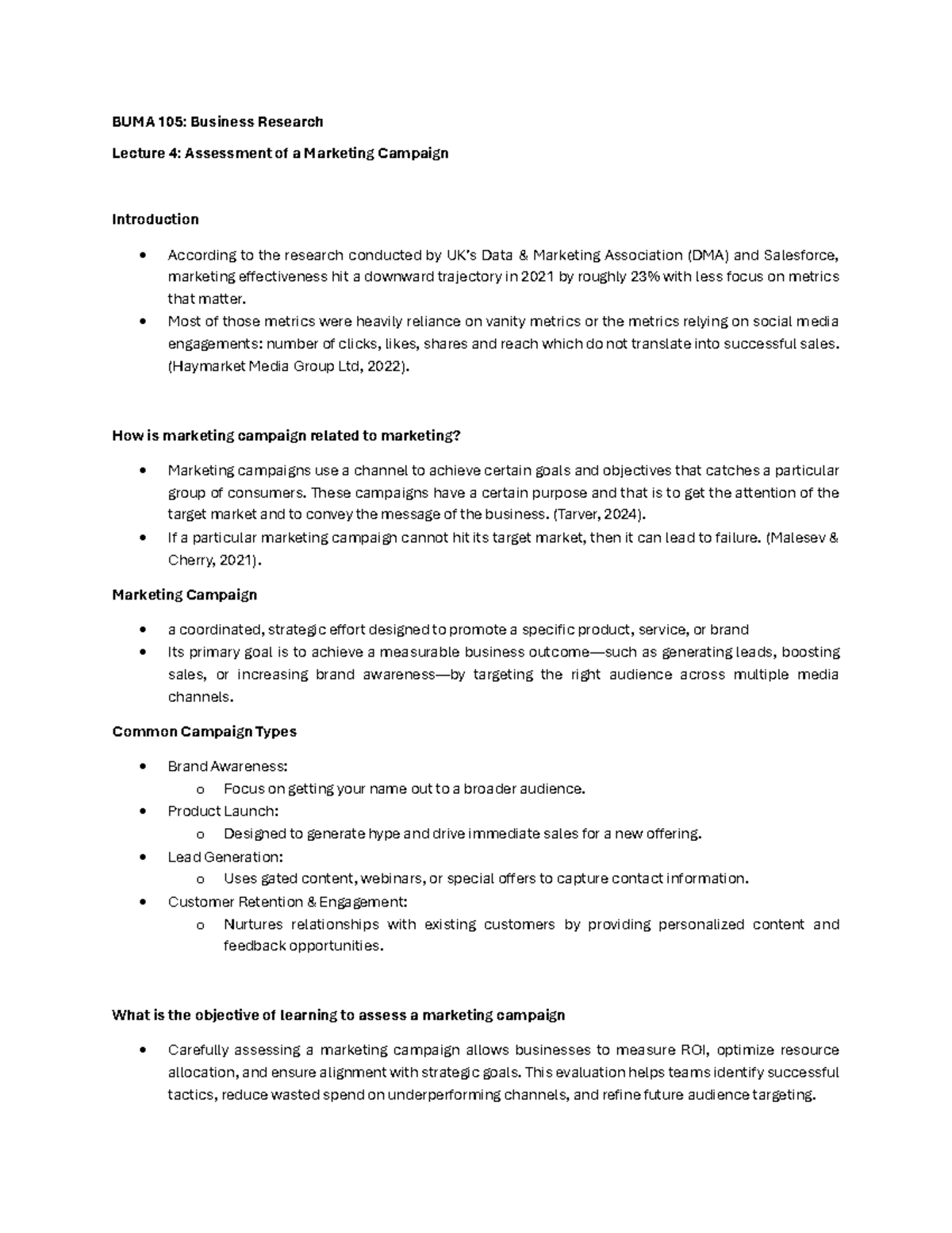 BUMA 105: Lecture 4 - Evaluating Marketing Campaign Effectiveness - Studocu