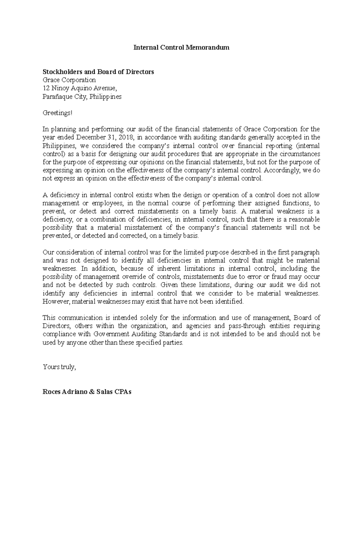 A16 Internal Control Audit Memorandum for Grace Corp. 2018 - Studocu