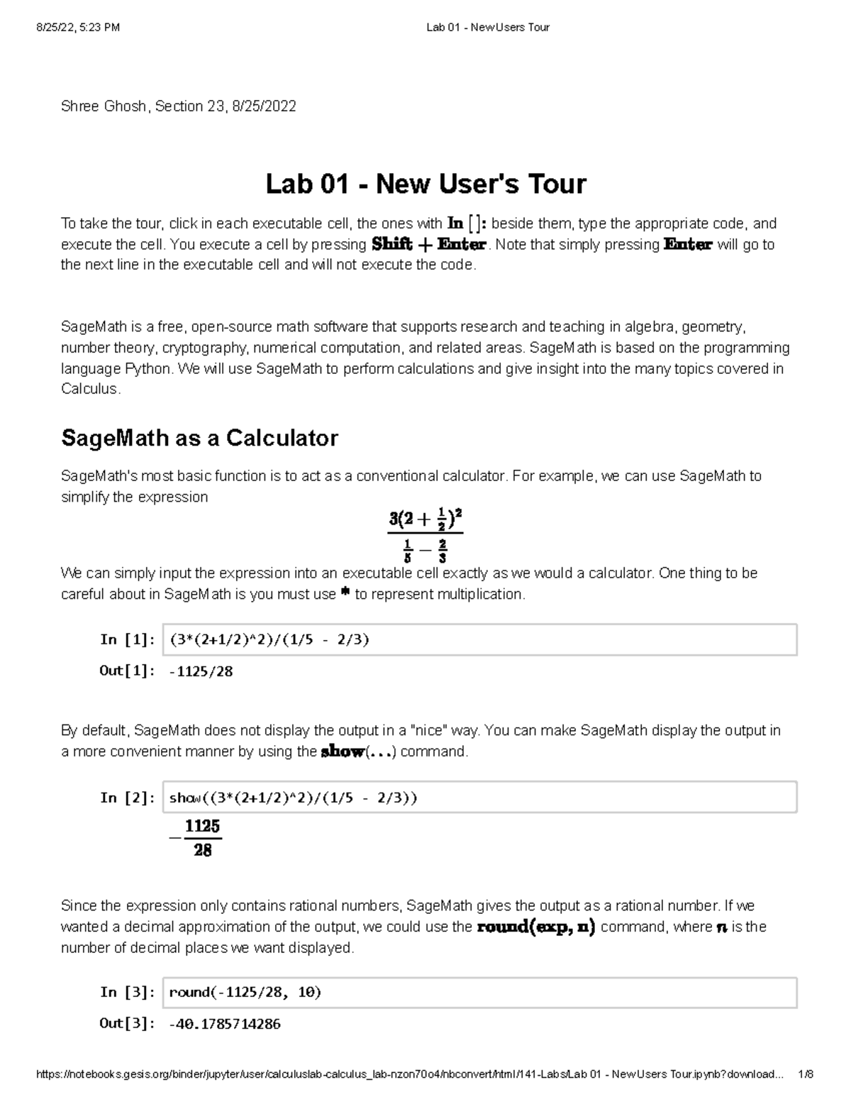 Lab 01 - SageMath Introduction for New Users in Section 23 - Studocu
