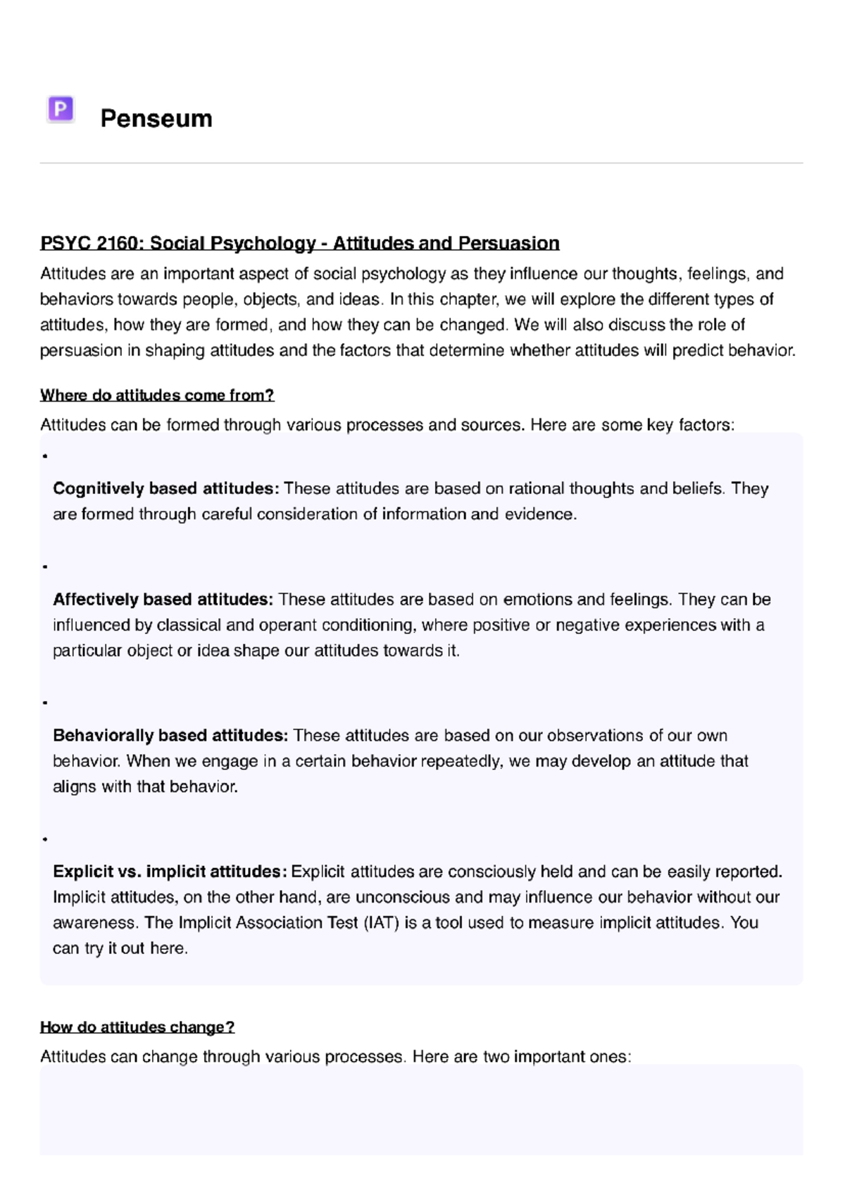 PSYC 2160: Chapter Notes on Attitudes & Persuasion in Social Psychology ...