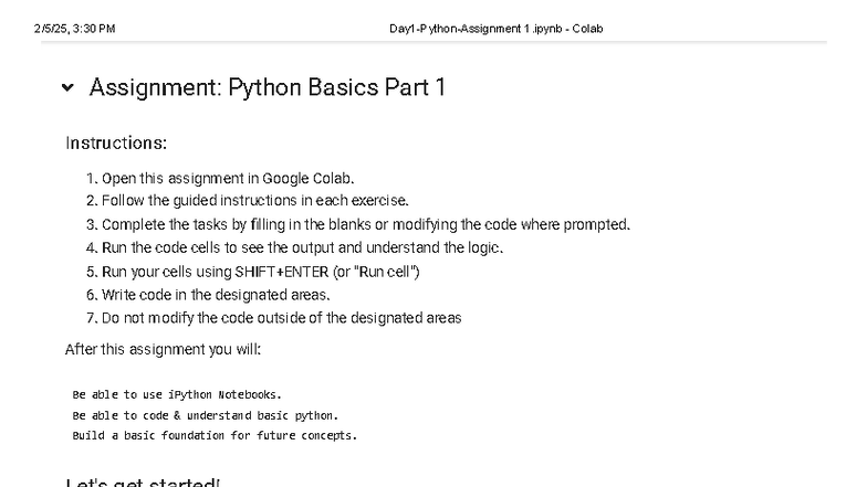 Day1-Python-Assignment 1: Python Basics in Colab - Studocu