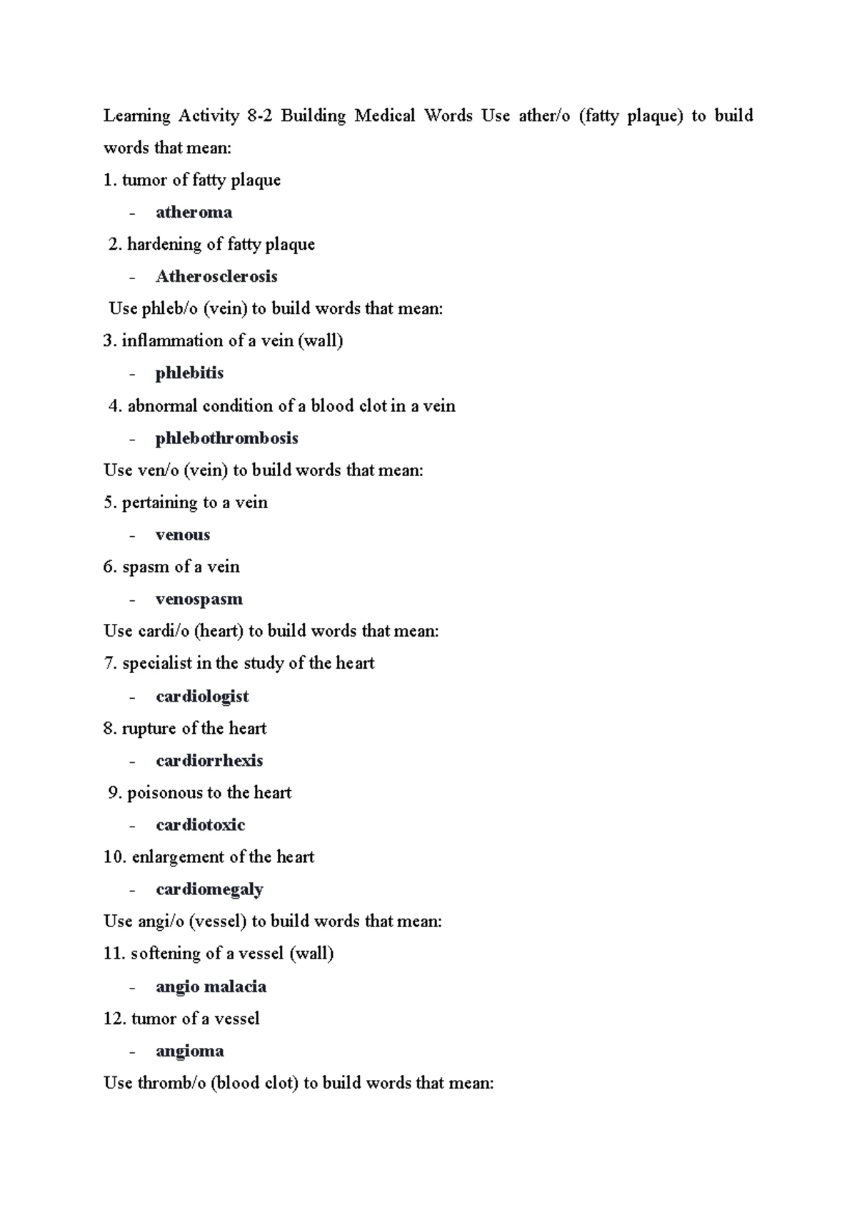 Med Term chapter 8 - Learning Activity 8-2 Building Medical Words Use ...