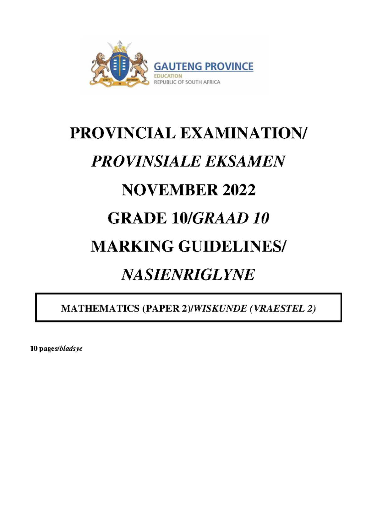 Grade 10 Final Exam Nov 2022 Math Paper 2 Marking Guidelines - Studocu