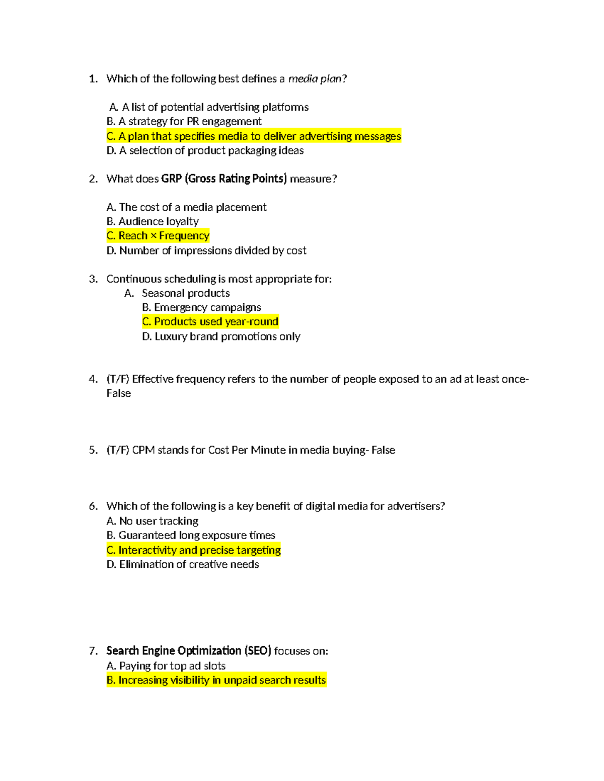 MCQ Practice for Media Planning and Digital Advertising (Course Code ...