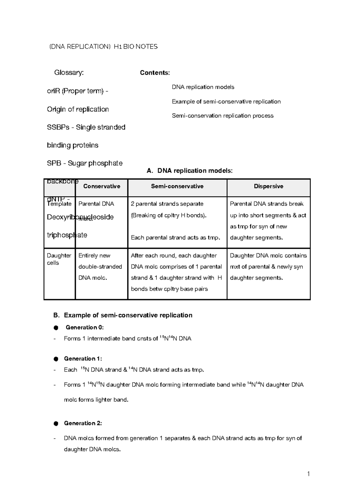 H1 BIO Notes: DNA Replication Process and Models - Studocu