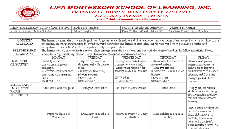 1st Quarter Lesson Plan for English 9: Week 4 Activities - Studocu