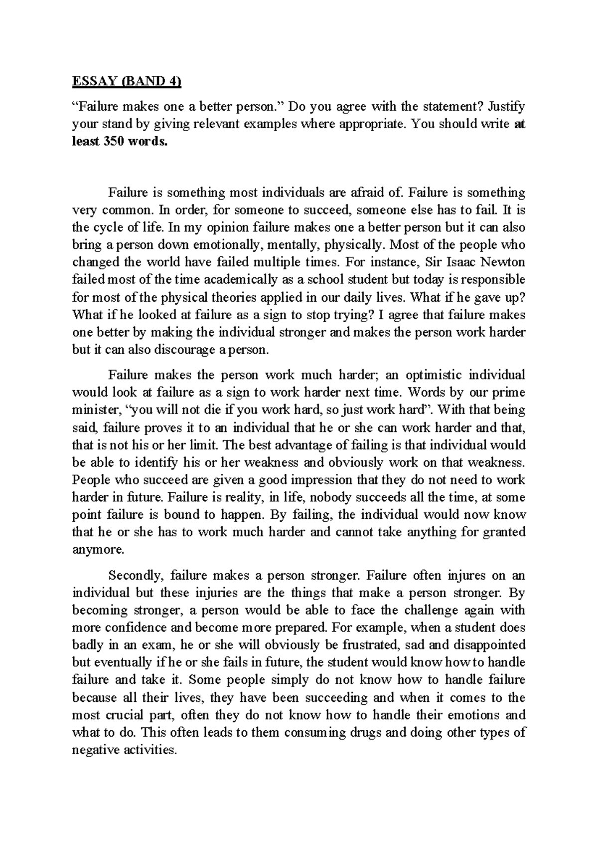 MUET Writing Task 2 - Essay on the Impact of Failure - Studocu