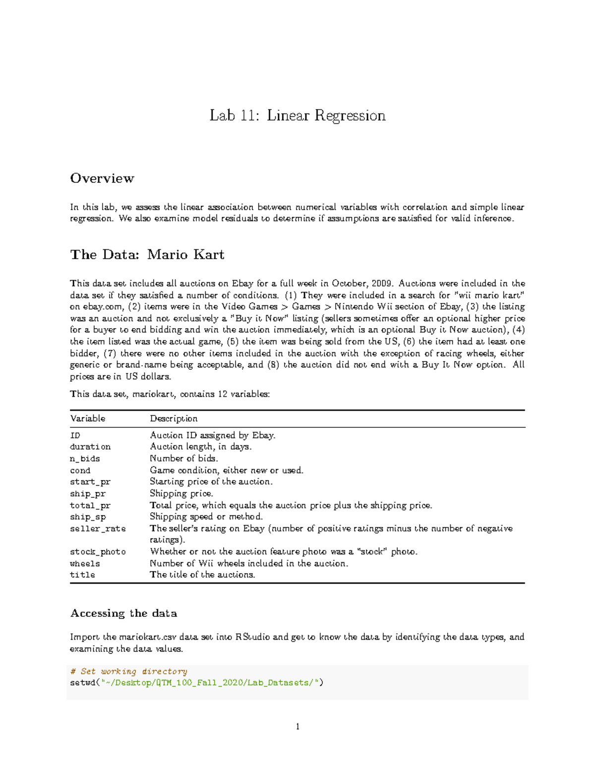 Lab 11 - Linear Regression Analysis with Mario Kart Data - Studocu
