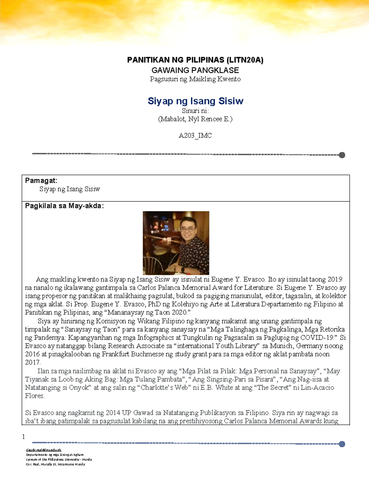 Pagsusuri sa Maikling Kwento: Siyap ng Isang Sisiw (LITN20A) - Studocu