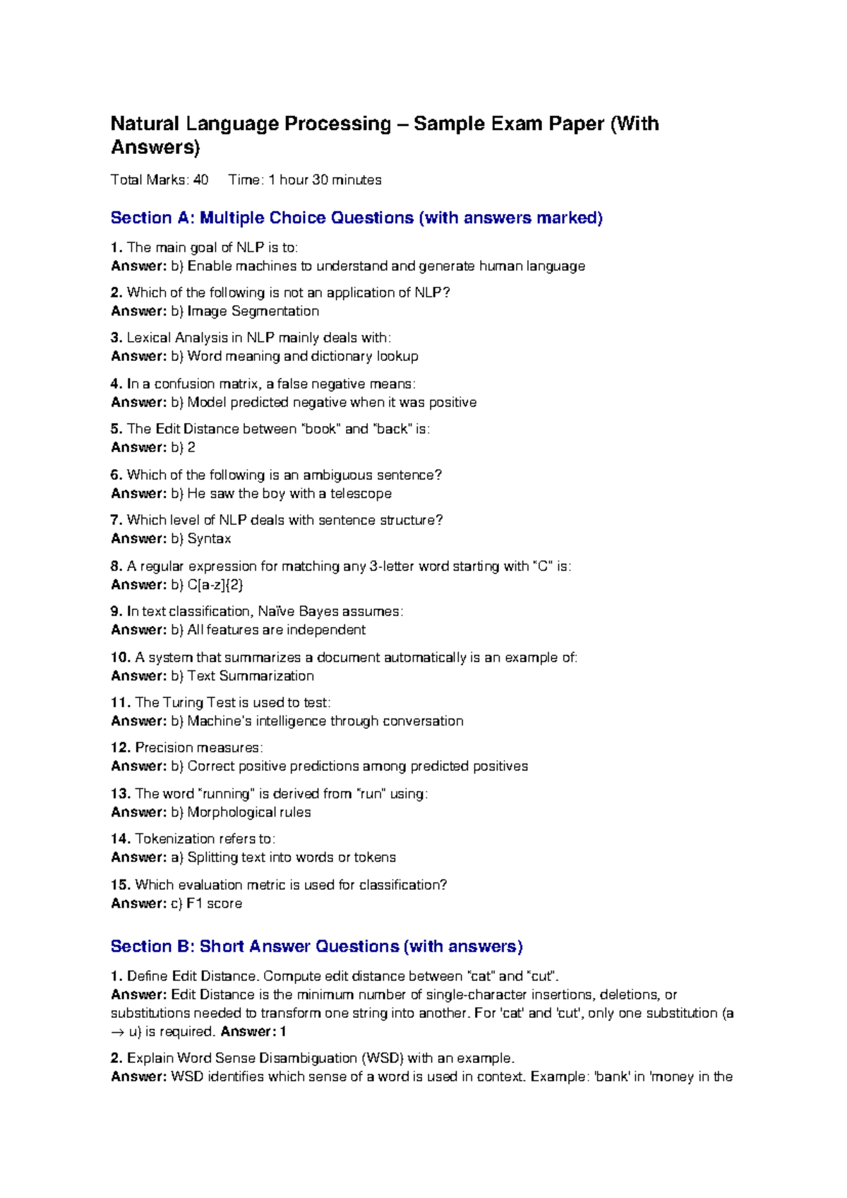 NLP 101: Sample Exam Paper with Answers (Total Marks: 40) - Studocu