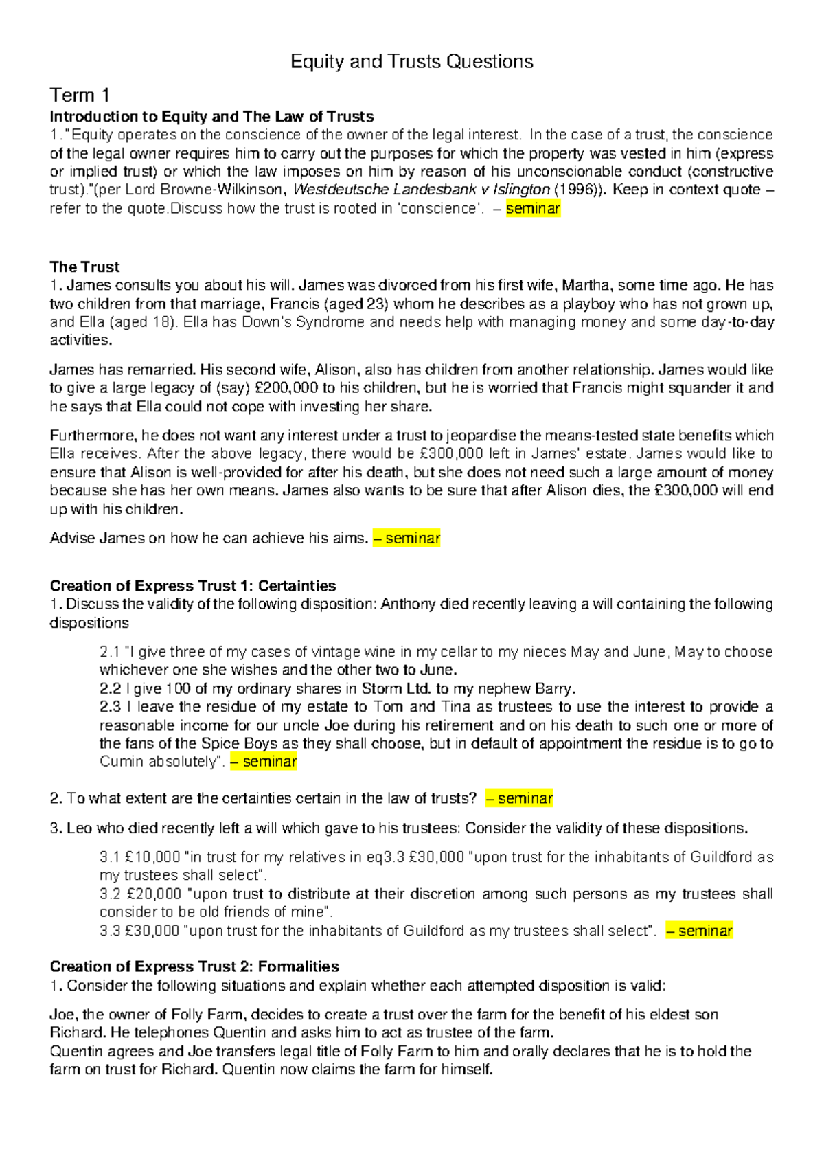 Exam 9 July 2018, questions - Equity and Trusts Questions Term 1 ...