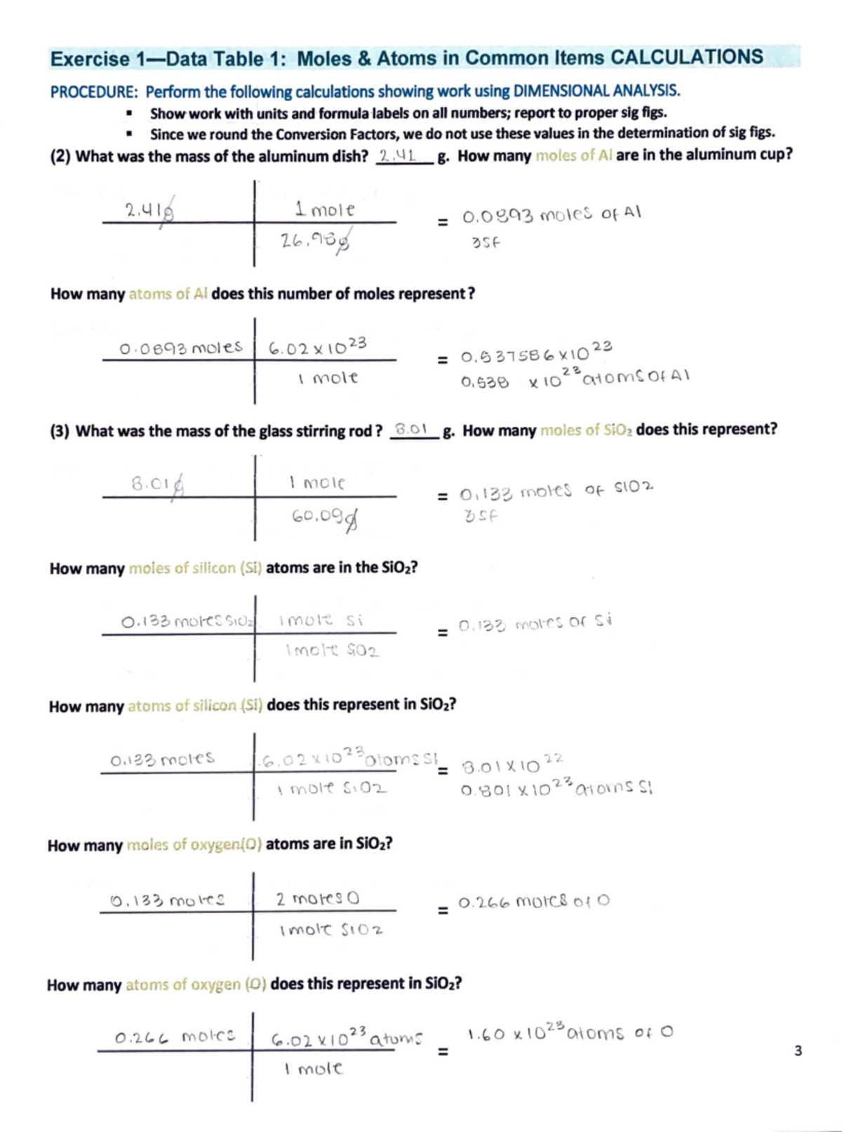 Mole Calculations Lab Template for Chemistry 101 - Studocu