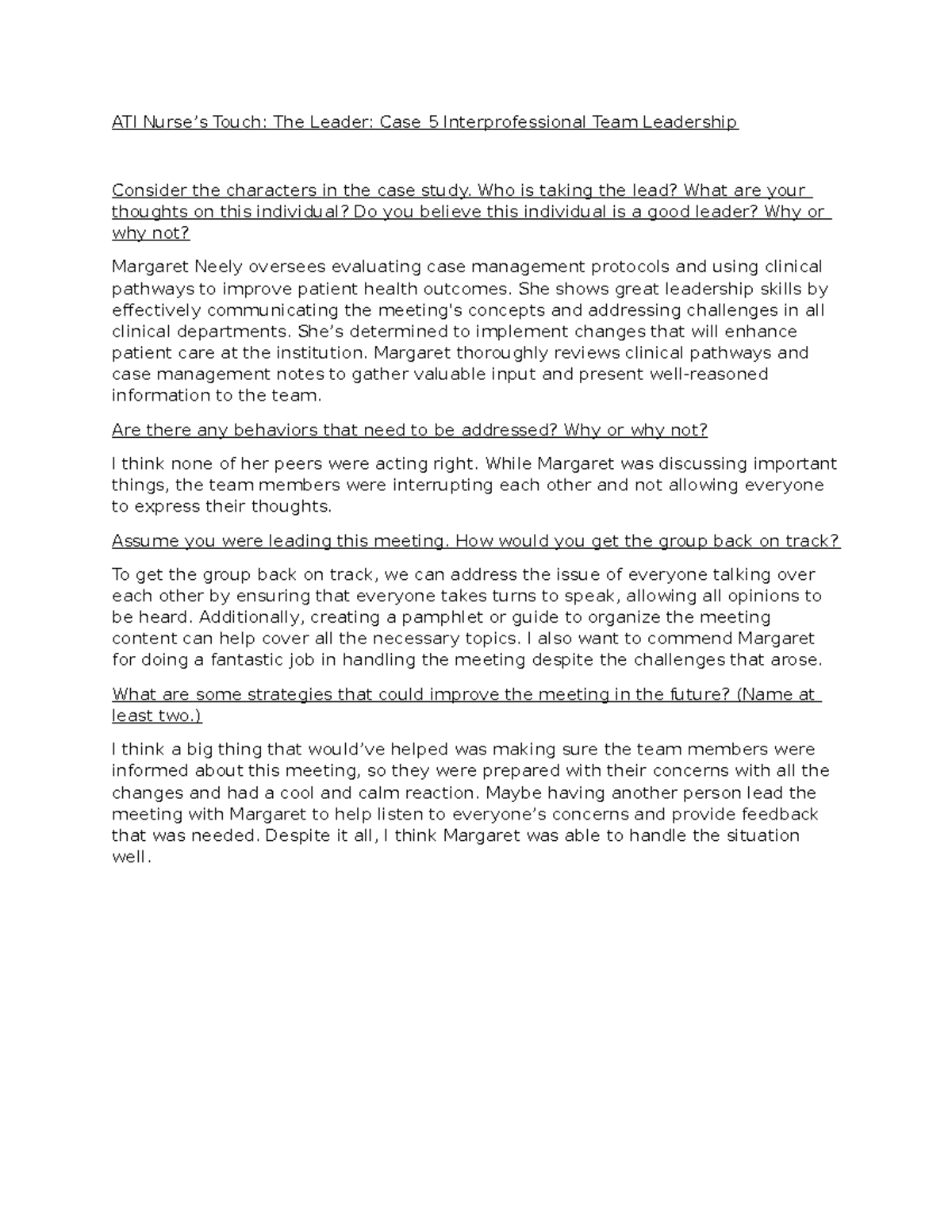 Case Study 5: Leadership in Interprofessional Team Dynamics - Studocu