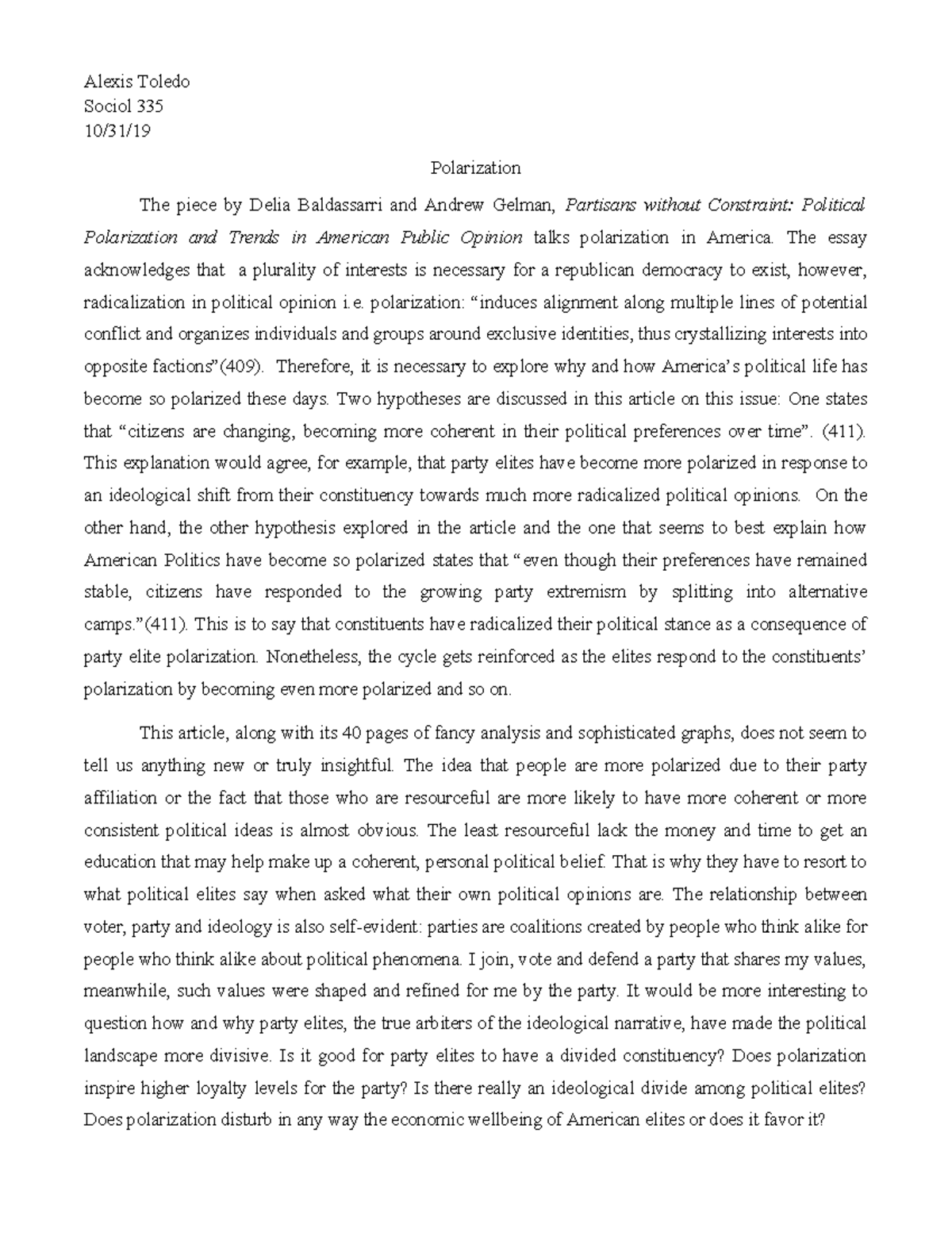 Sociol 335 Essay: Analyzing Polarization in American Politics - Studocu