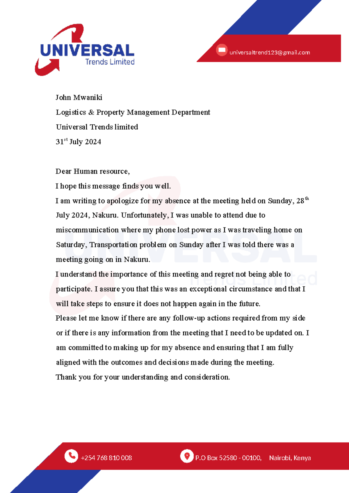 Apology Letter for Absence at Meeting - Q234567890 - Studocu