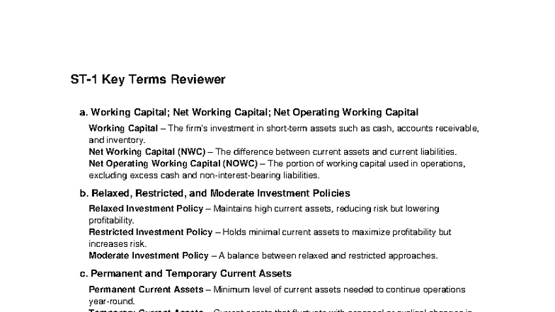 ST-1 Key Terms Review: Working Capital & Cash Management Concepts - Studocu