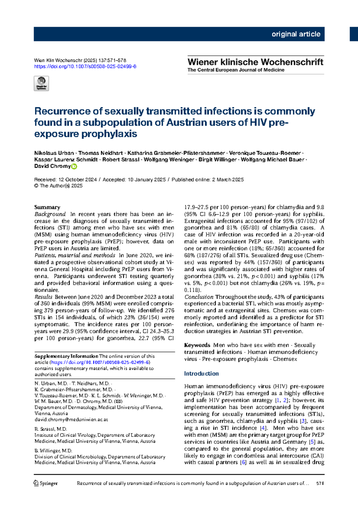 Recurrence of STIs in Austrian MSM Using HIV PrEP: A Cohort Study (2025 ...