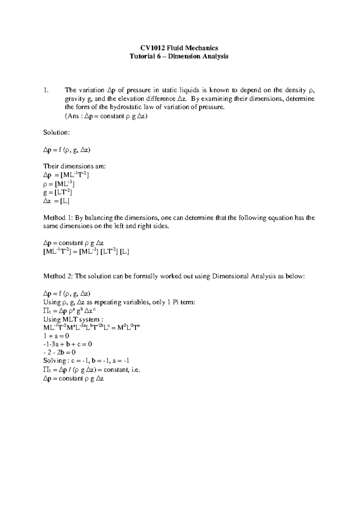 CV1012 Tutorial 6-10 Solutions - CV 1012 Fluid Mechanics Tutorial 6 – Dimension Analysis The ...