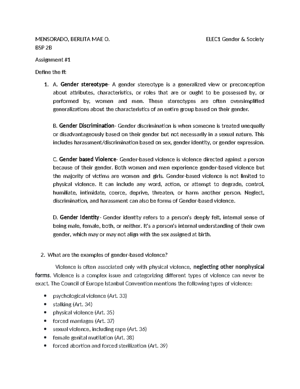 BSP 2B ELEC1 Gender Society Assignment: Understanding Gender Concepts ...