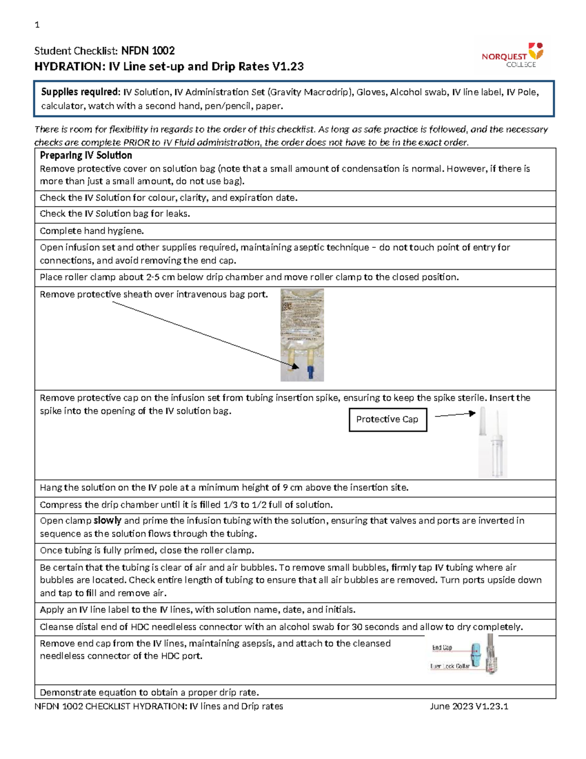NFDN 1002 Checklist: IV Lines & Drip Rates for Hydration V1.23 - Studocu
