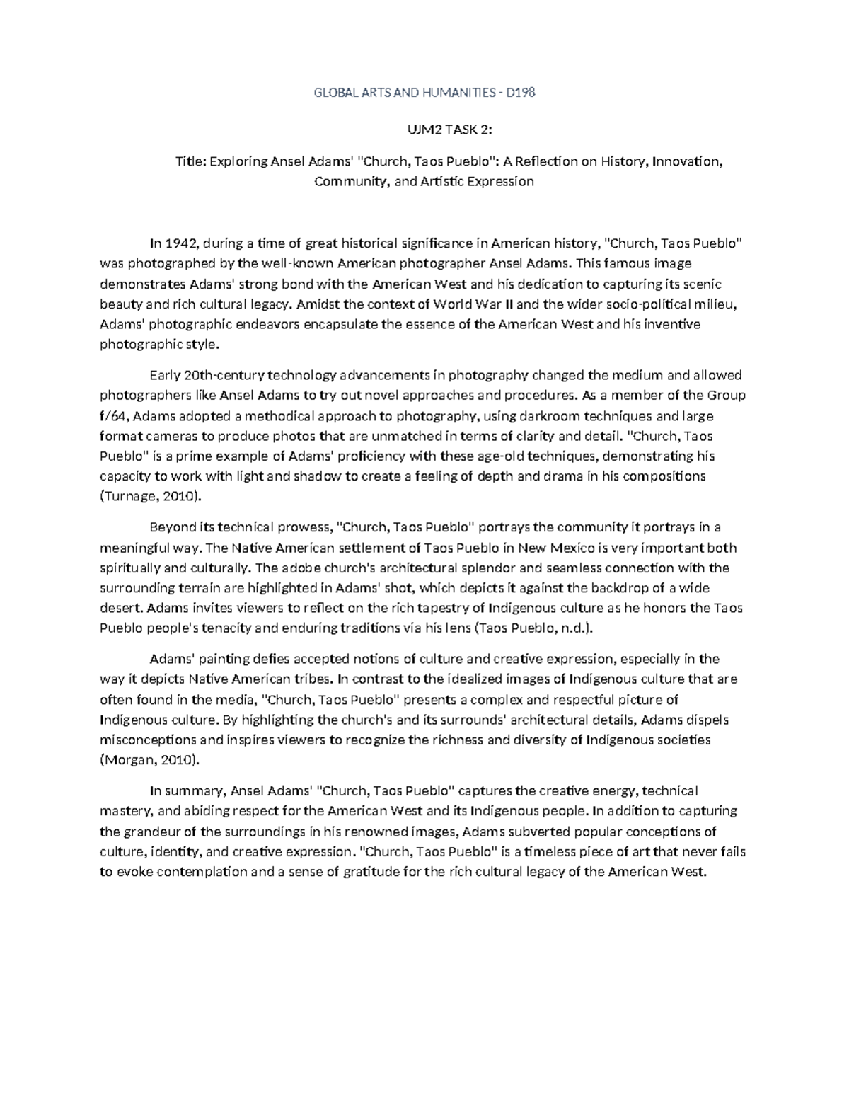 UJM2 Task 2 - Reflection on Ansel Adams' "Church, Taos Pueblo" - Studocu