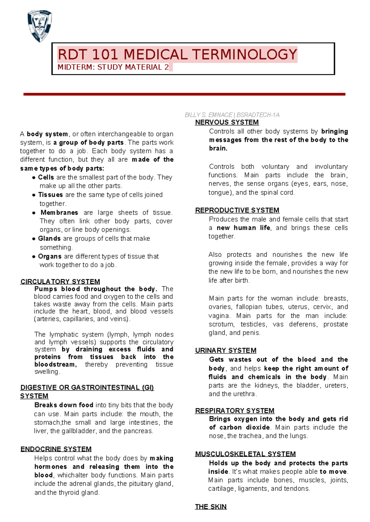 RDT 101 MEDICAL TERMINOLOGY MIDTERM: BODY SYSTEMS STUDY GUIDE - Studocu