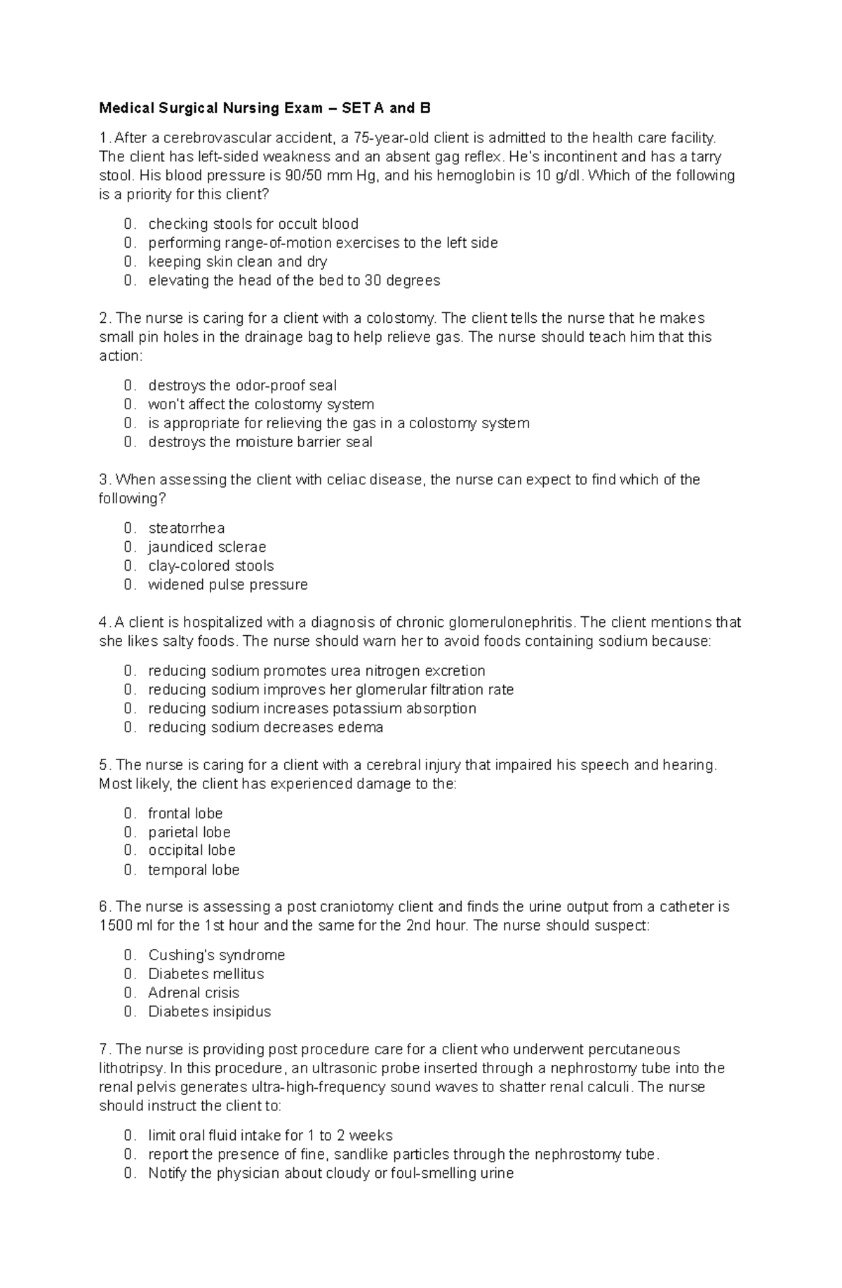 pratice tests materials - Medical Surgical Nursing Exam – SET A and B ...