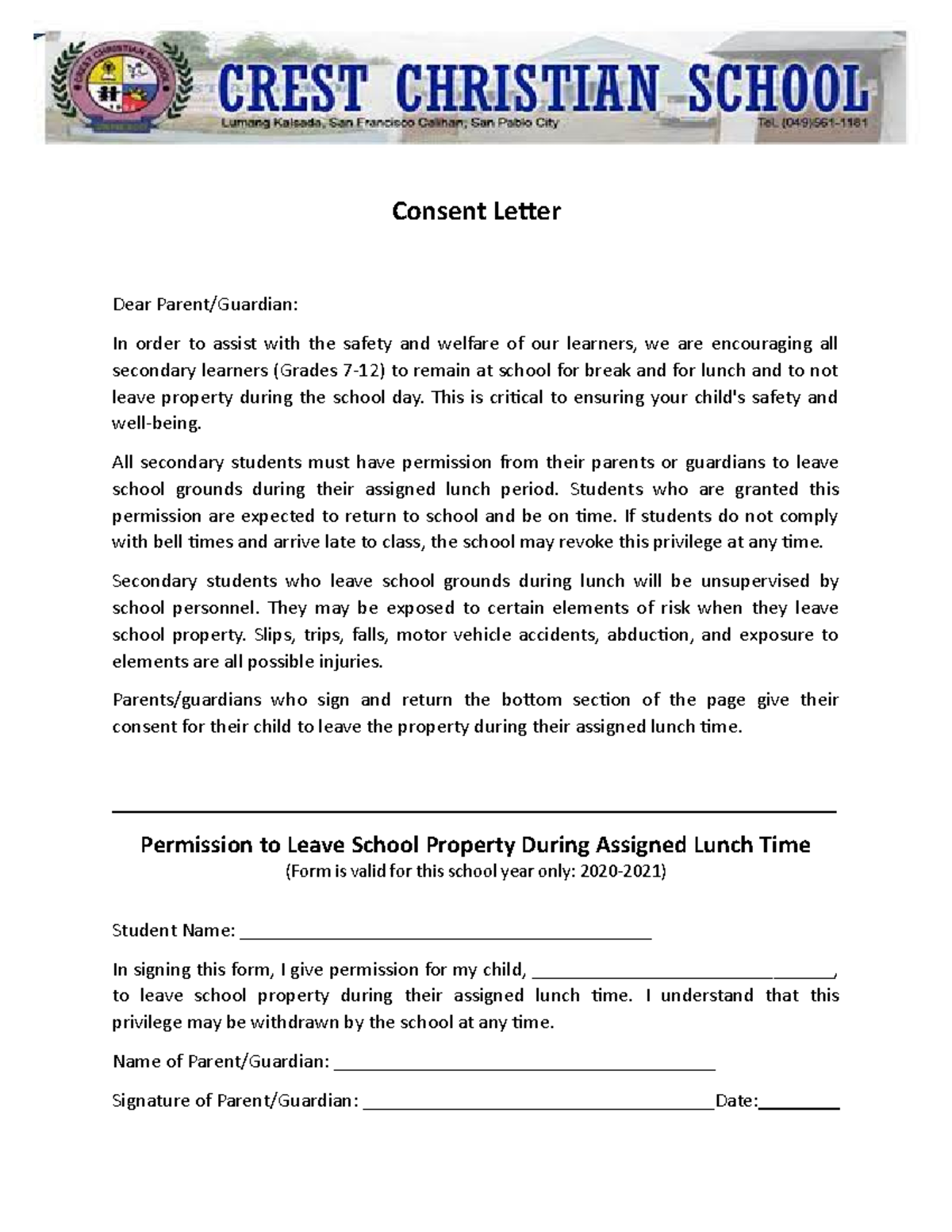 Consent Letter for Lunch Break - Grades 7-12 - Studocu