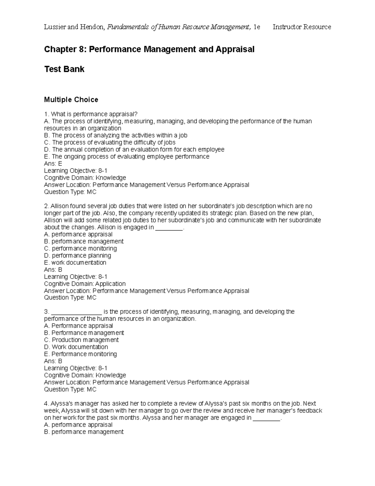 Lussier Test Bank 08 - Chapter 8 Performance Management Questions - Studocu