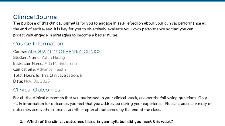 Clinical Journal 6: Weekly Reflection on Clinical Performance - Studocu