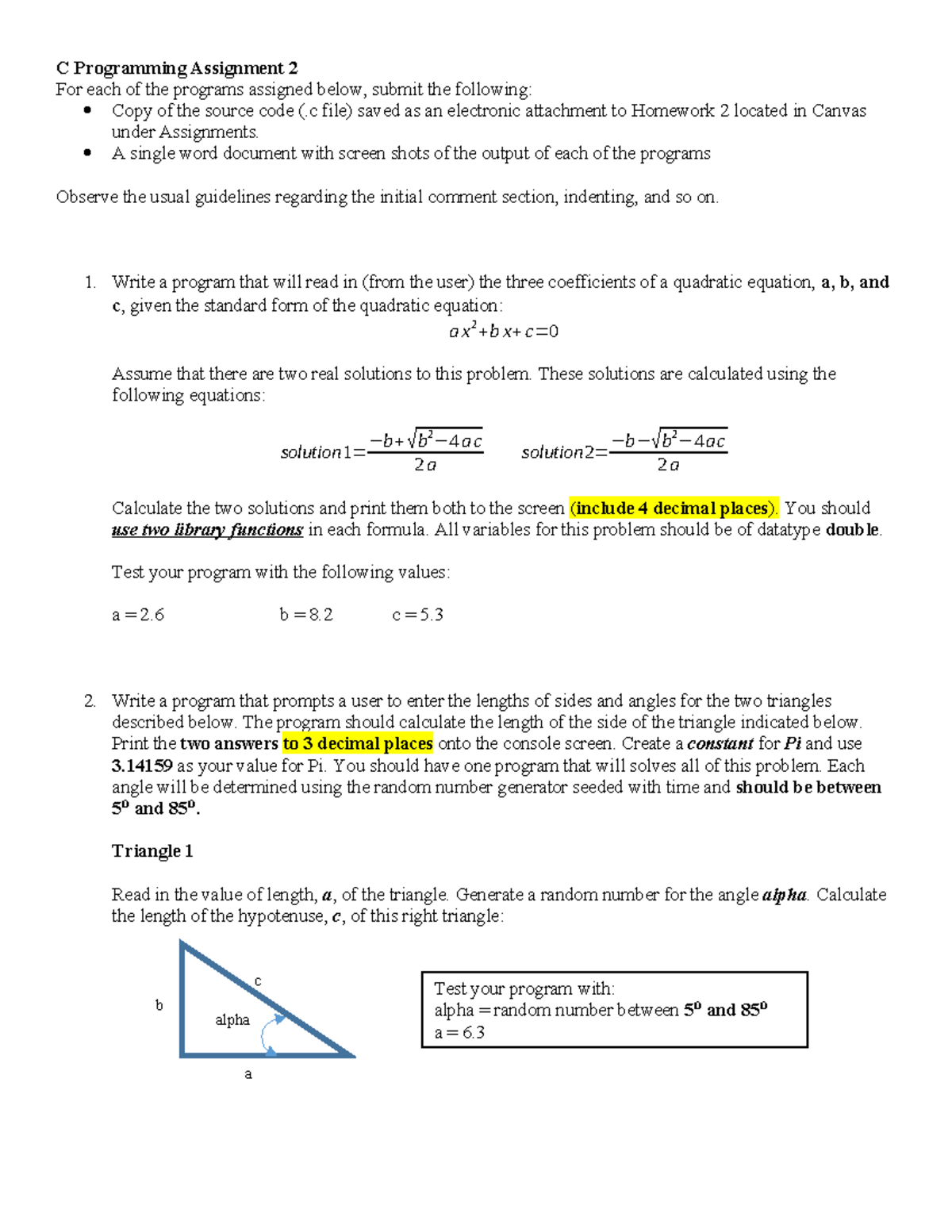 C Programming Assignment 2: Quadratic & Triangle Solutions - Studocu