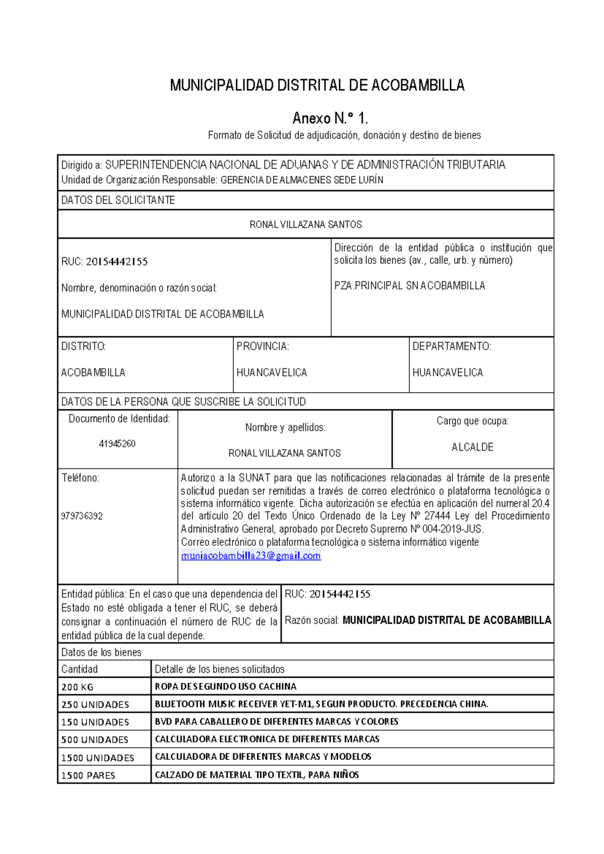 Formato de Solicitud de Bienes - SUNAT LURÍN ACOBAMBILLA - Studocu