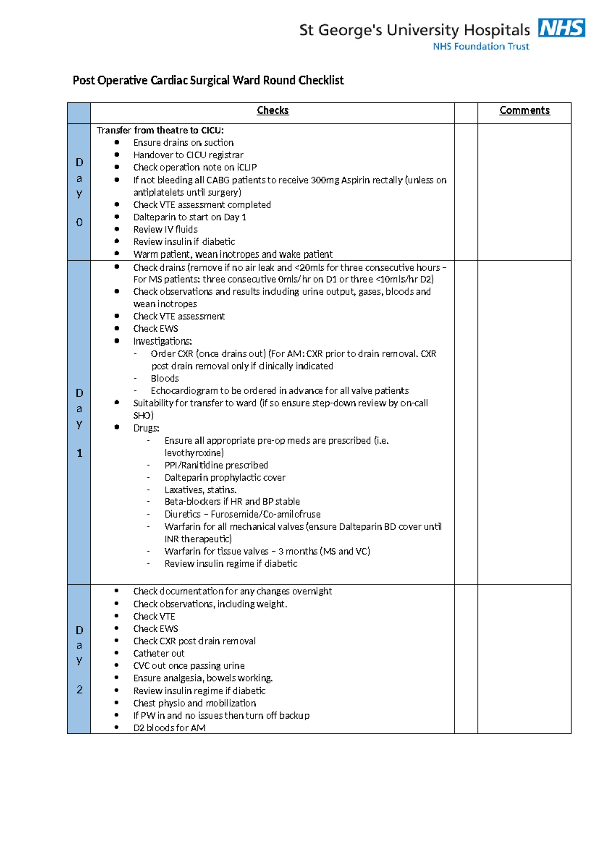 Post Op Cardiac Surgical Ward Round Checklist (Day 0-2) - Studocu