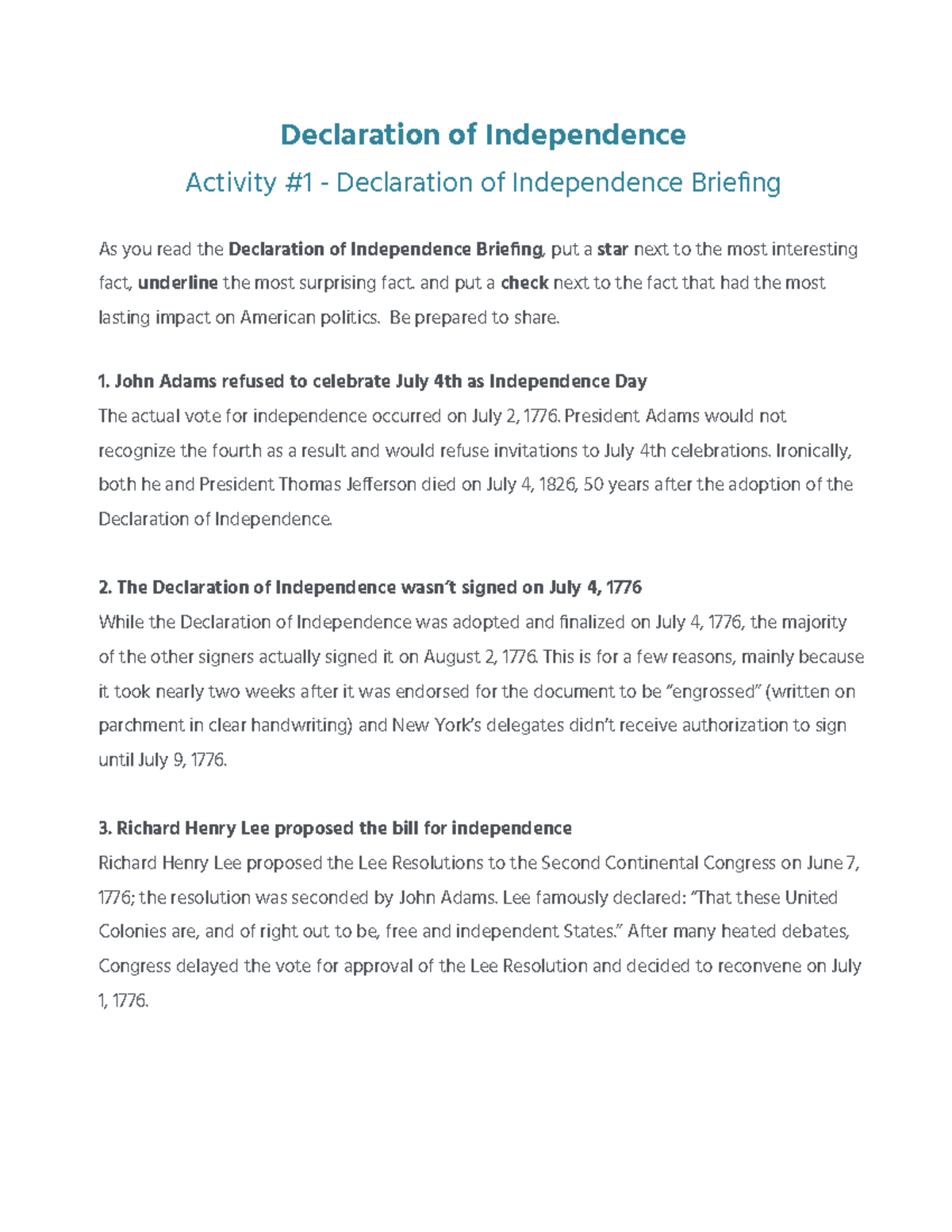Declaration of Independence Activity: Key Facts & Insights - Studocu