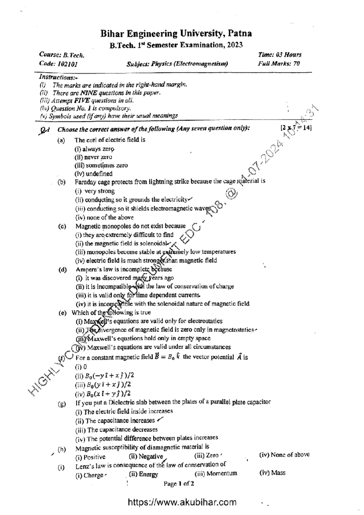 B.Tech 1st Sem Physics Exam 2023 - Electromagnetism (Code: 102101 ...