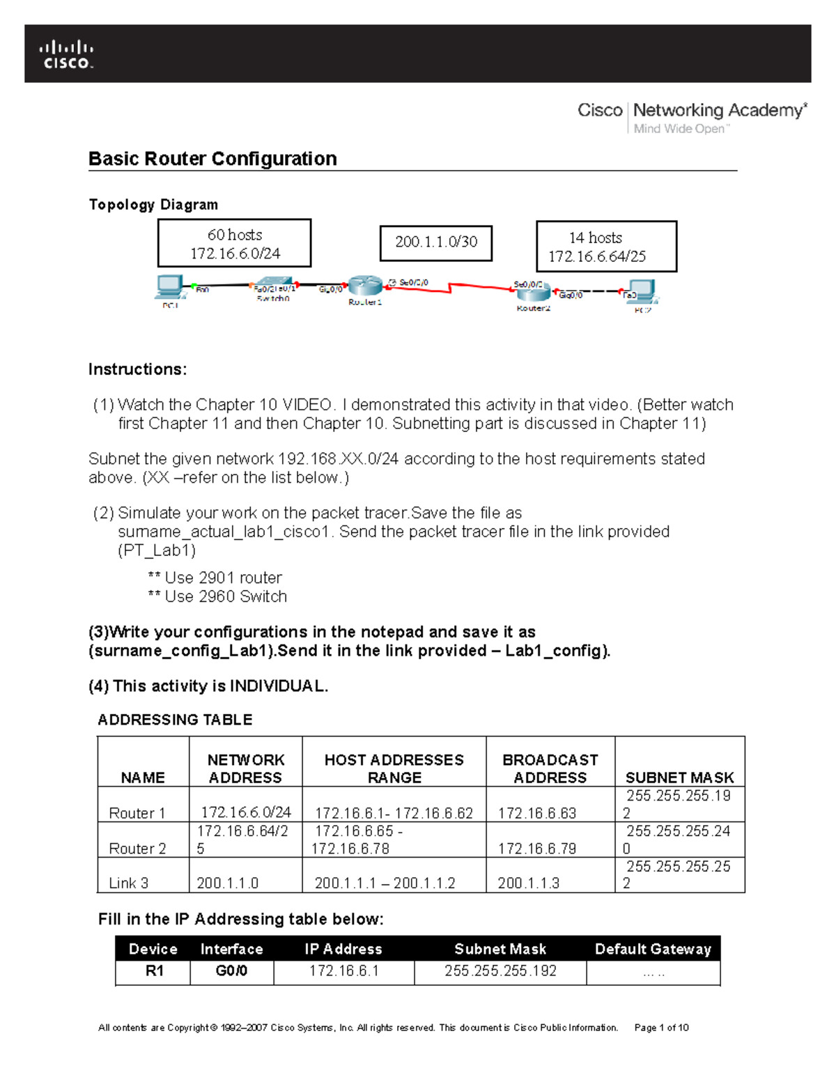 Cisco 1 Lab1: Basic Router Configuration Guide and Instructions - Studocu