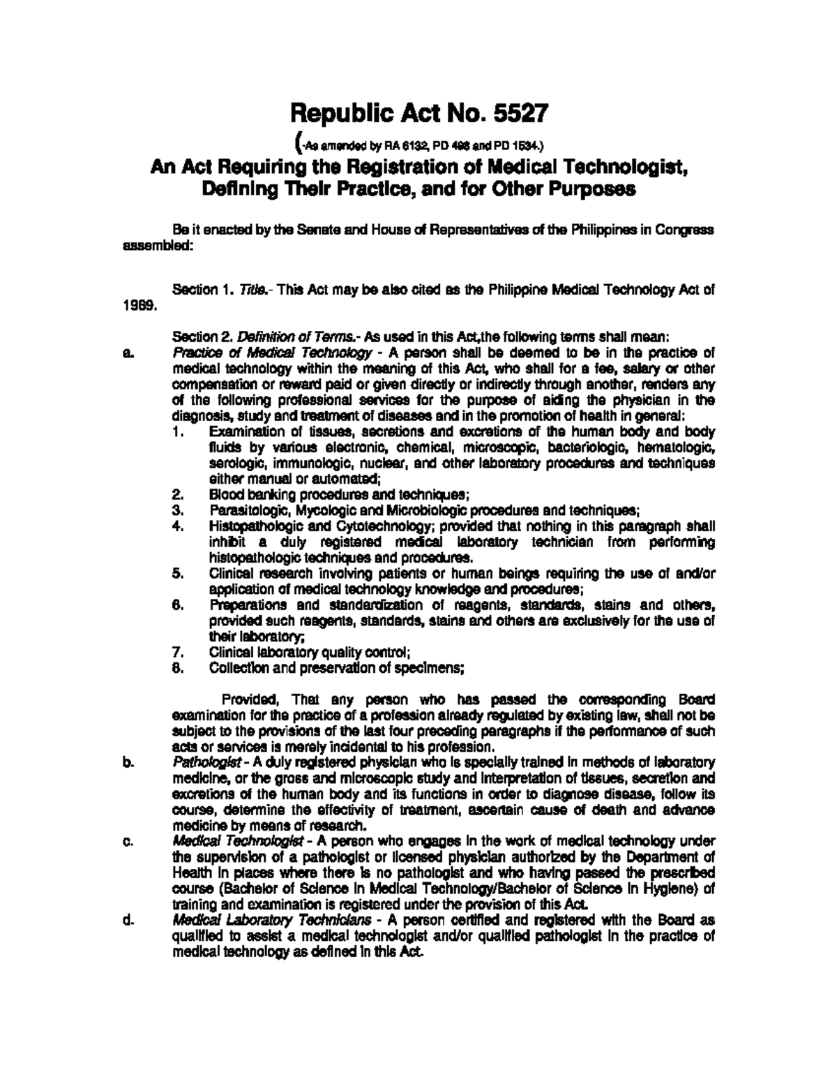 Philippine Medical Technology Act of 1969 (RA 5527) Overview - Studocu
