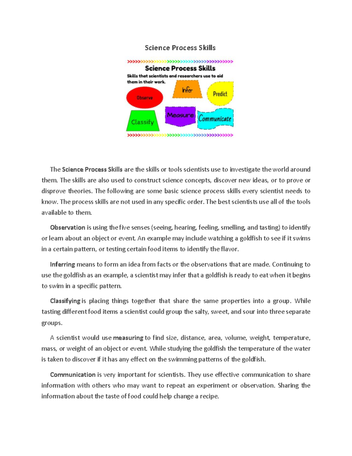 Science Reading 12- Handout - Science Process Skills The Science ...