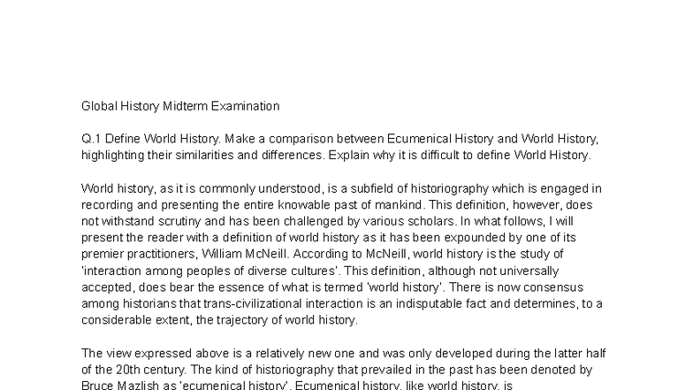 Global History Midterm Exam: Comparing World & Ecumenical Histories ...
